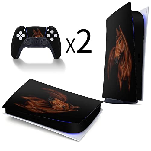 Portrait Horse on Black Full Protective Skin Cover Design Wrap Decal Sticker Compatible with PS5 Digital Edition Console and Controller