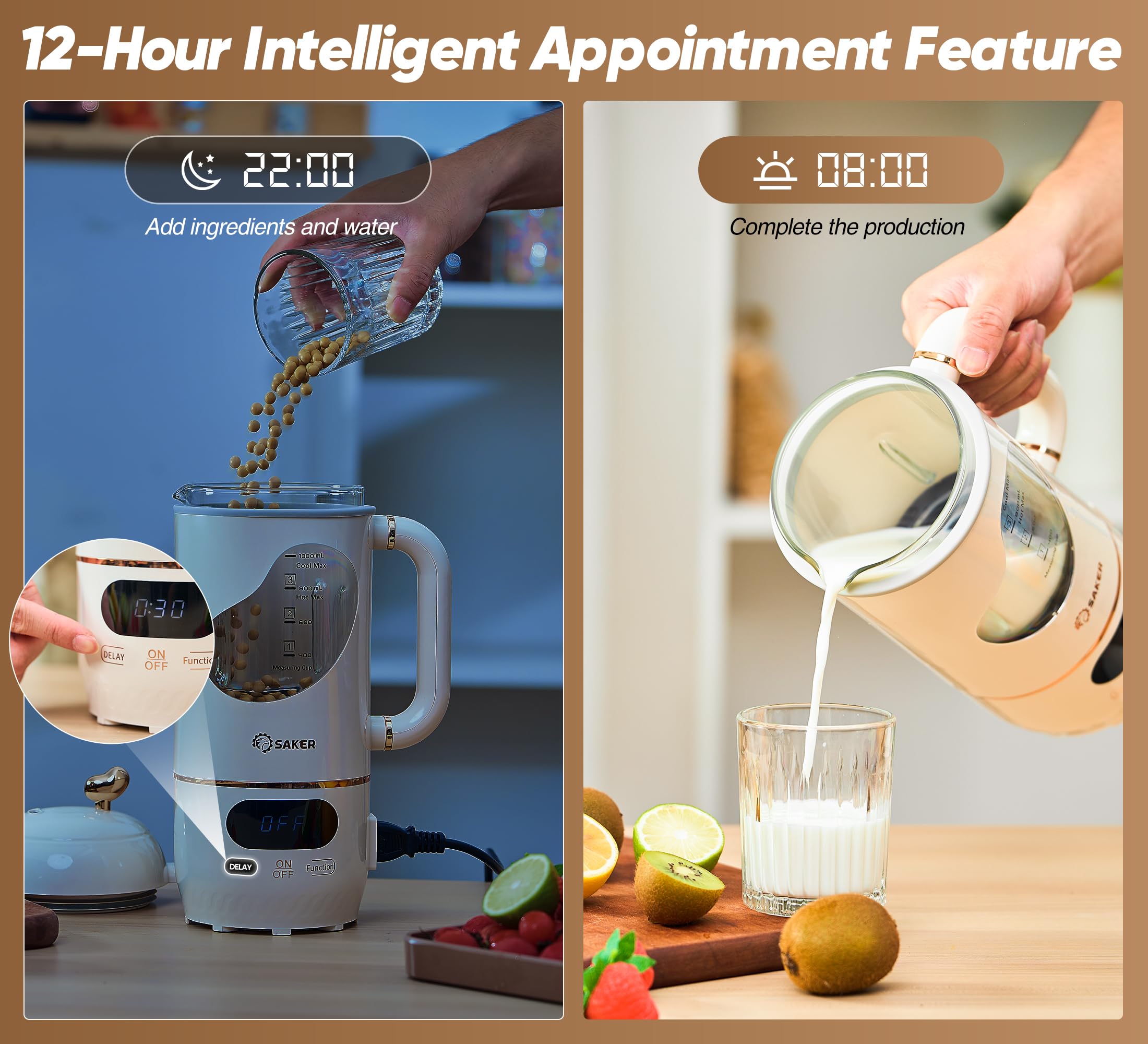 SAKER Automatic Nut Milk Maker,35oz Homemade Almond, Oat, Soy, Plant-Based Milk and Dairy Free Beverages, Almond Milk Maker with Delay Start/Keep Warm/Boil Water, Soy Milk Maker
