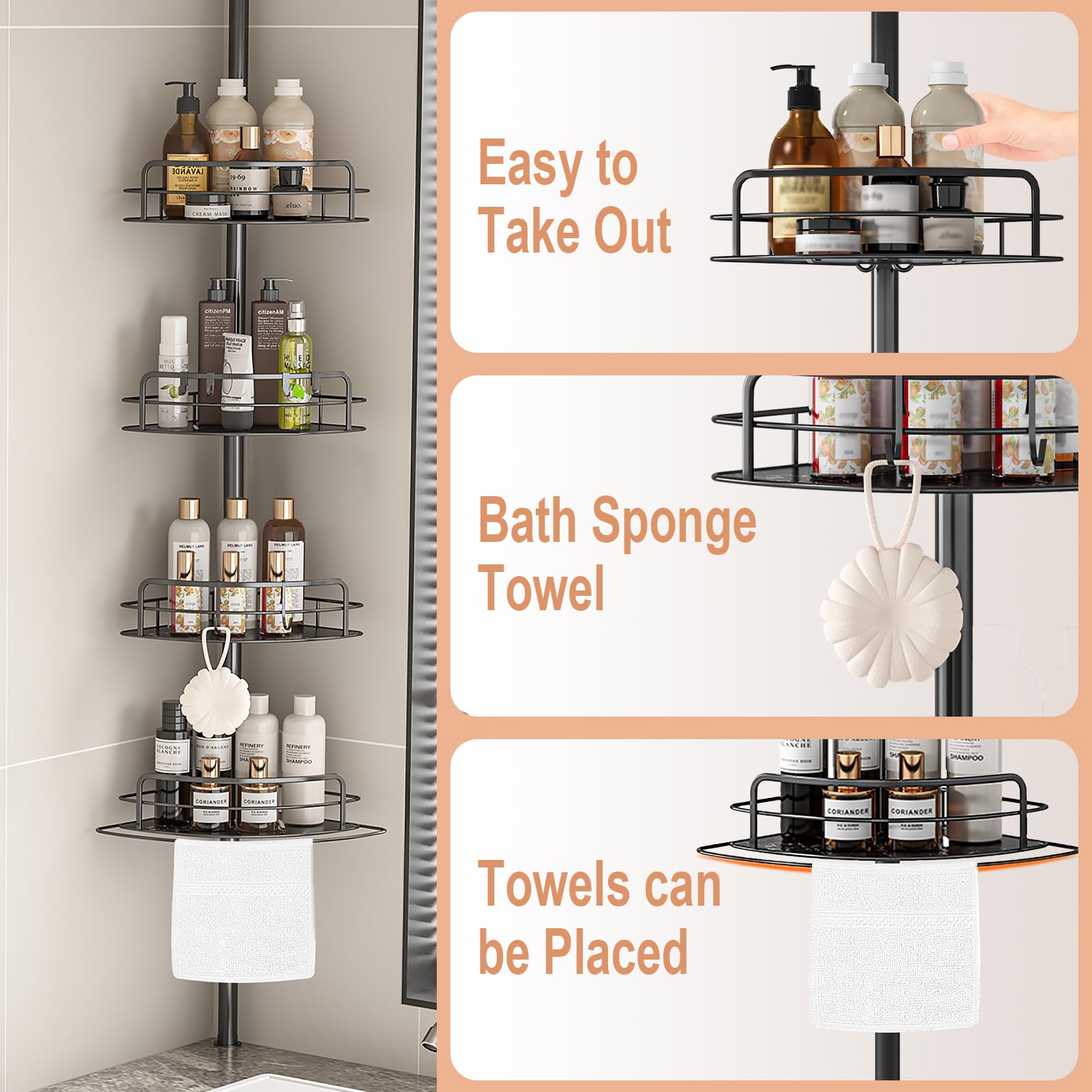 THMINS Shower Caddy Tension Pole,Adjustable Corner Shower Caddy,4 Tier Rustproof Shower Organizer Shelves for Bathroom,Bathtub,42.1-120.5 inch,Black