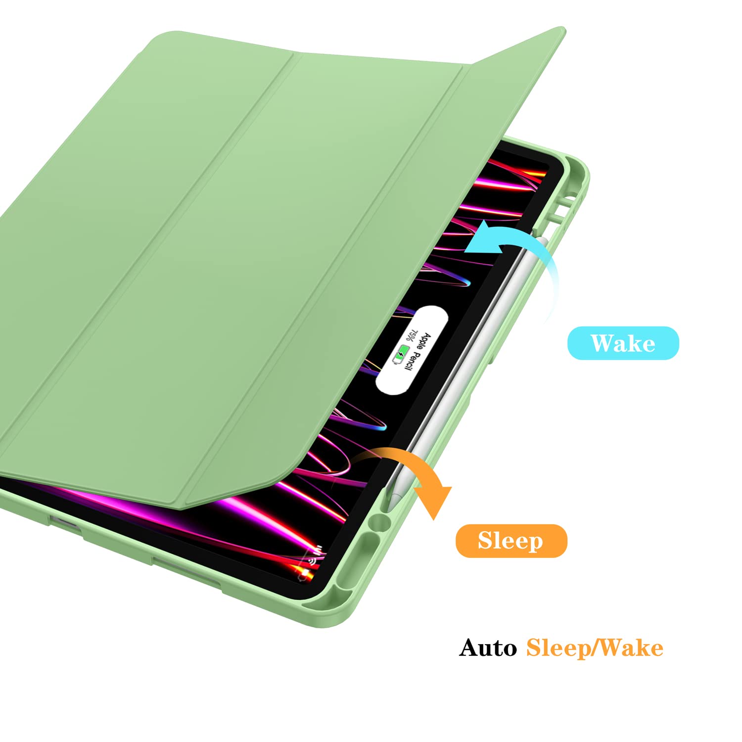Supveco New iPad Pro 12.9 Inch Case 2022/2021 (6th/5th Gen) with Pencil Holder [Support iPad 2nd Gen Pencil Charging/Pair],Trifold Stand Smart Case with Soft TPU Back,Auto Wake/Sleep-(Green)