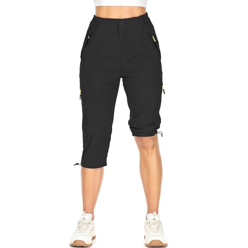 linlon Women's Quick Dry Cargo Shorts,Outdoor Casual Straight Leg Capri Long Shorts for Hiking Camping Travel (Black, 12)