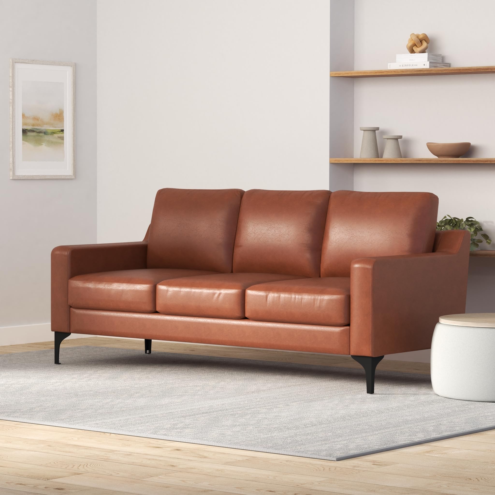 Serta Triton 78” Stationary Sofa, Modern Decor Love Seat Couch Living Room, Upholstered Faux Leather Sofas Furniture, Solid Easy to Install Couch for Bedroom, Caramel Brown