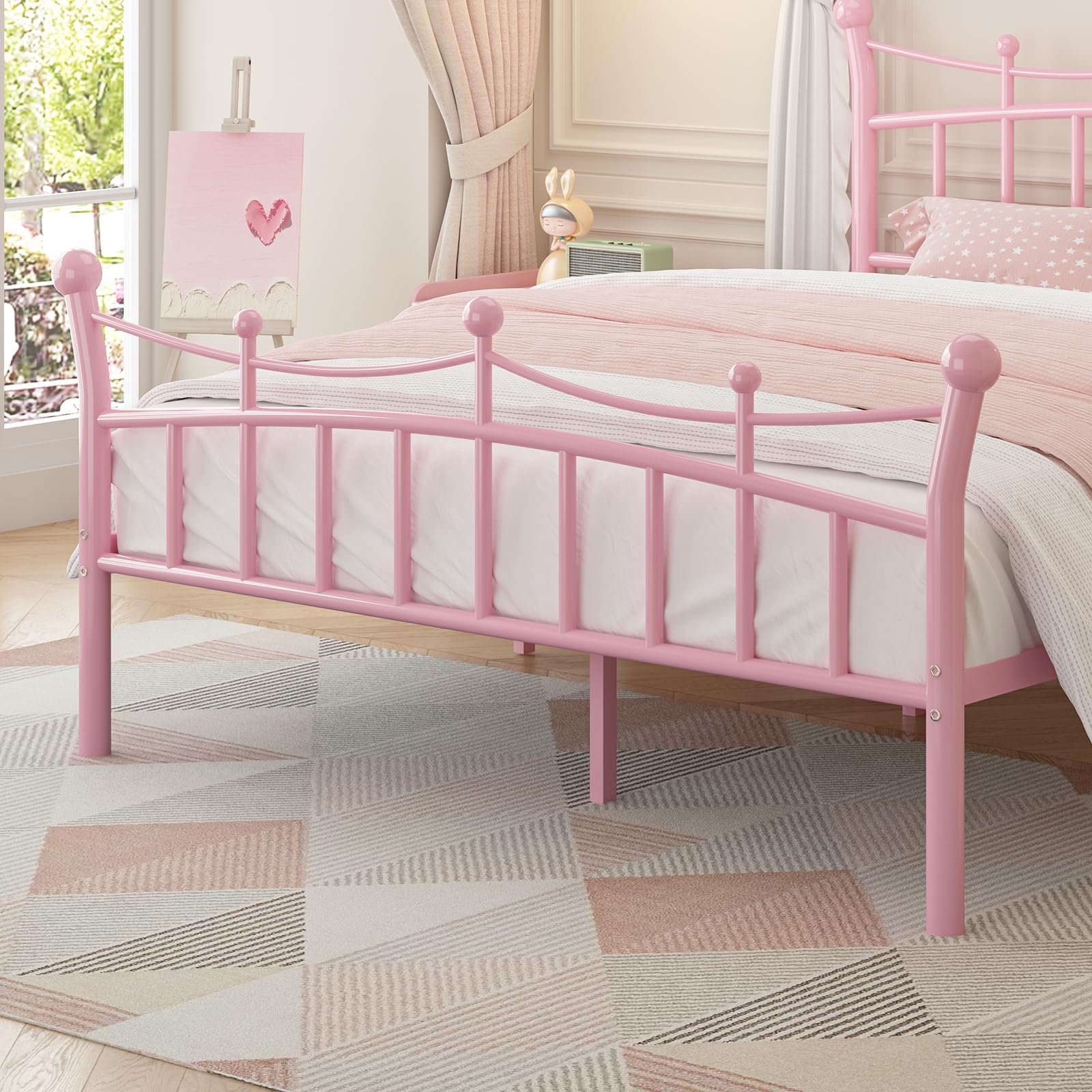 Twin Bed Frame with Crown-Shaped Headboard, Princess Bed for Kids/Girls, Heavy Duty Metal Platform Bed with Iron-Art Headboard and Footboard, No Box Spring Needed, Easy Assembly, White