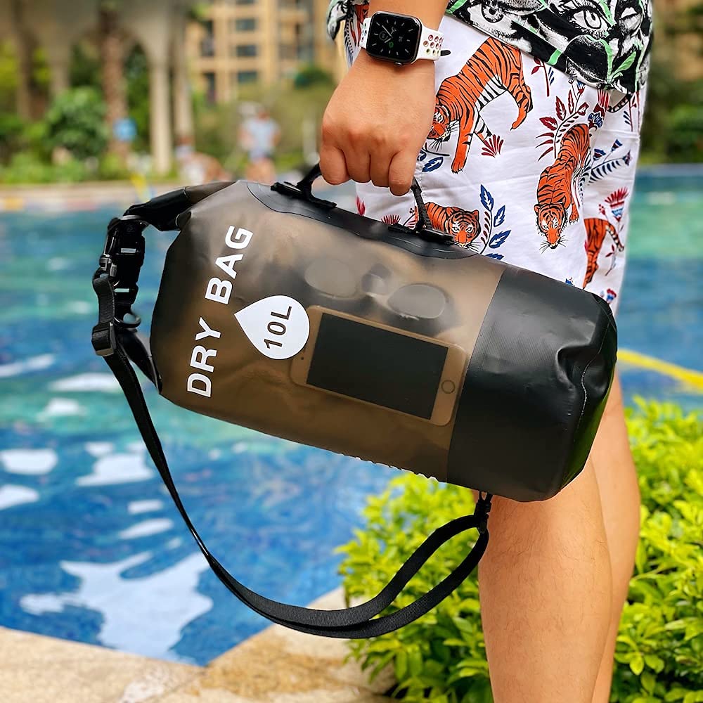 JSL HOME Waterproof Backpack Dry Bags Translucent Perfect for Boating Kayaking Hiking Canoeing Fishing Swimming Camping Snowboarding Adjustable Shoulder Strap (Black, 10L)