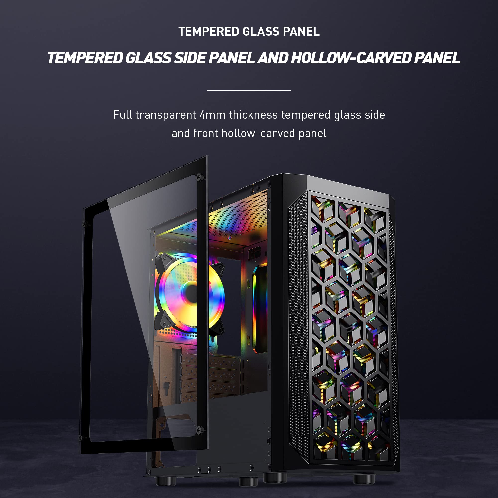 RHIROTEC MATX Micro ATX Case Gaming PC Case, Computer Case Pre-Installed 4 x RGB Rainbow Fan Tempered Glass Side Panel & Hollow Out Front Panel Ventilated Airflow with Magnetic Design Dust Filter