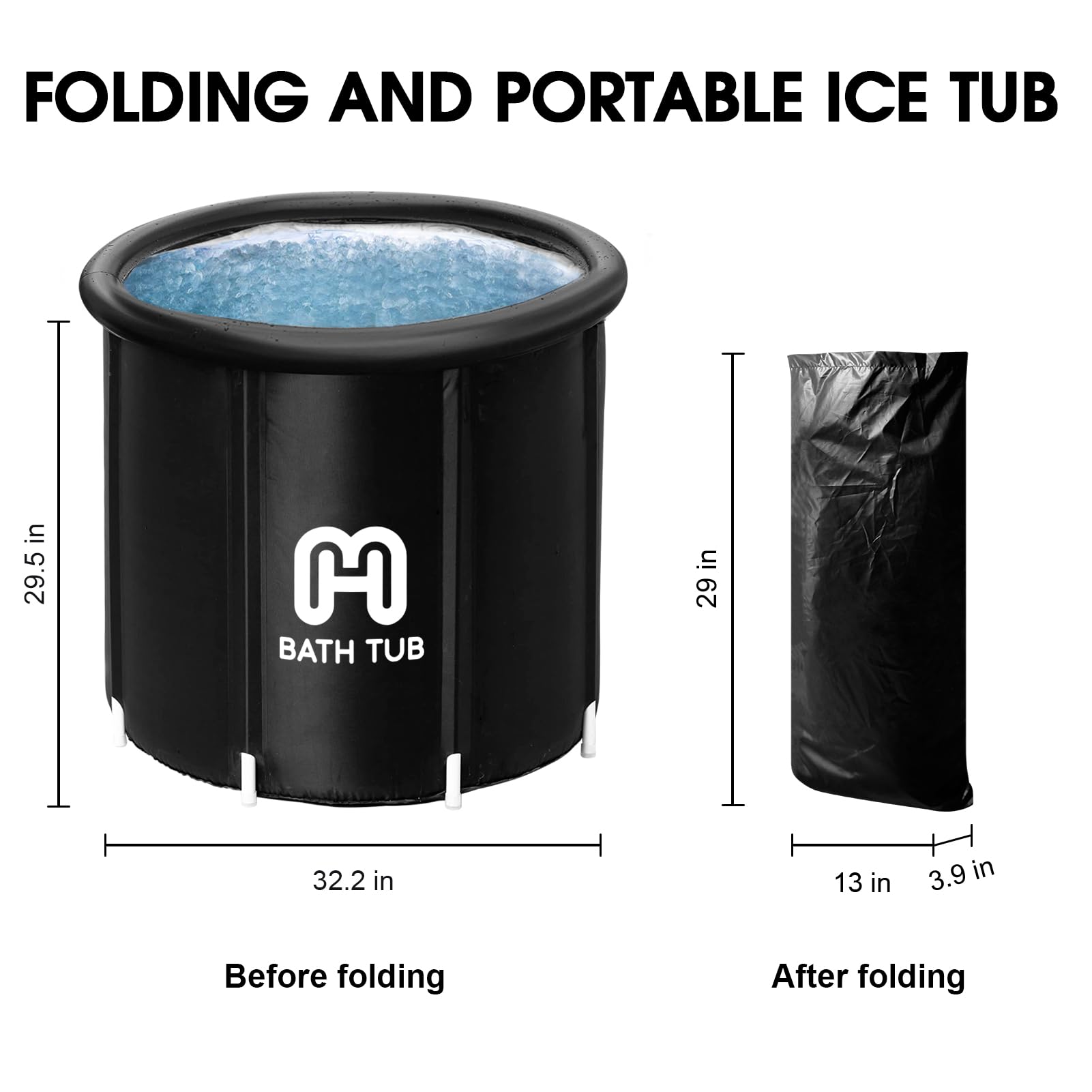 Ice Bath Tub for Recovery, Portable Cold Water Therapy Training Tub, Ice Bath for Adults, Folding Cold Plunge Tub for Athletes, Freestanding Spa Soaking Bath(Black 32.2x32.2x29.5 inches)