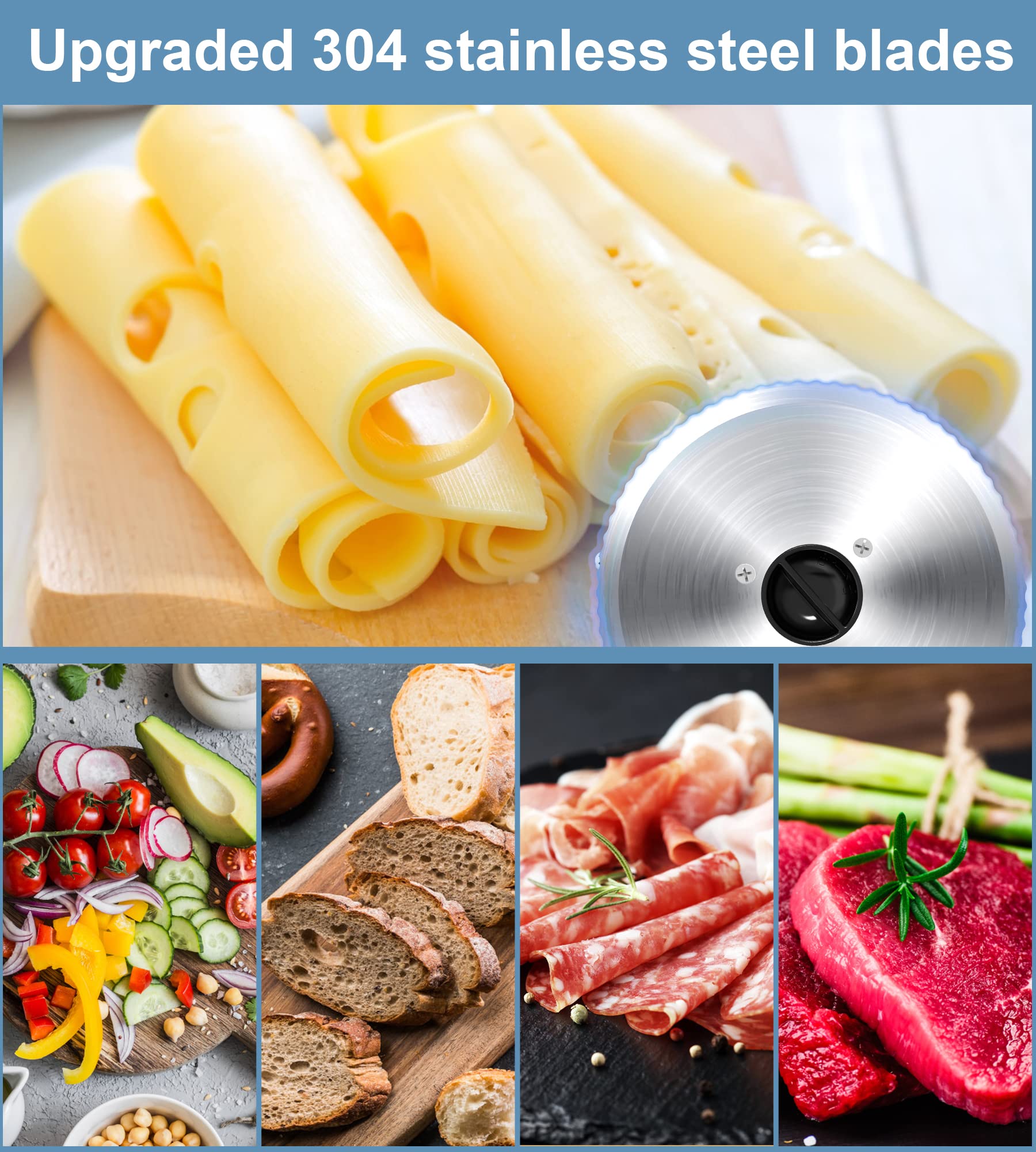 Meat Slicer, Electric Deli Meat Slicer for Home Facelle, 0-18mm Adjustable Thickness Electric Food Slicer Machine with Removable Stainless Steel Blades, Foldable and easy to store