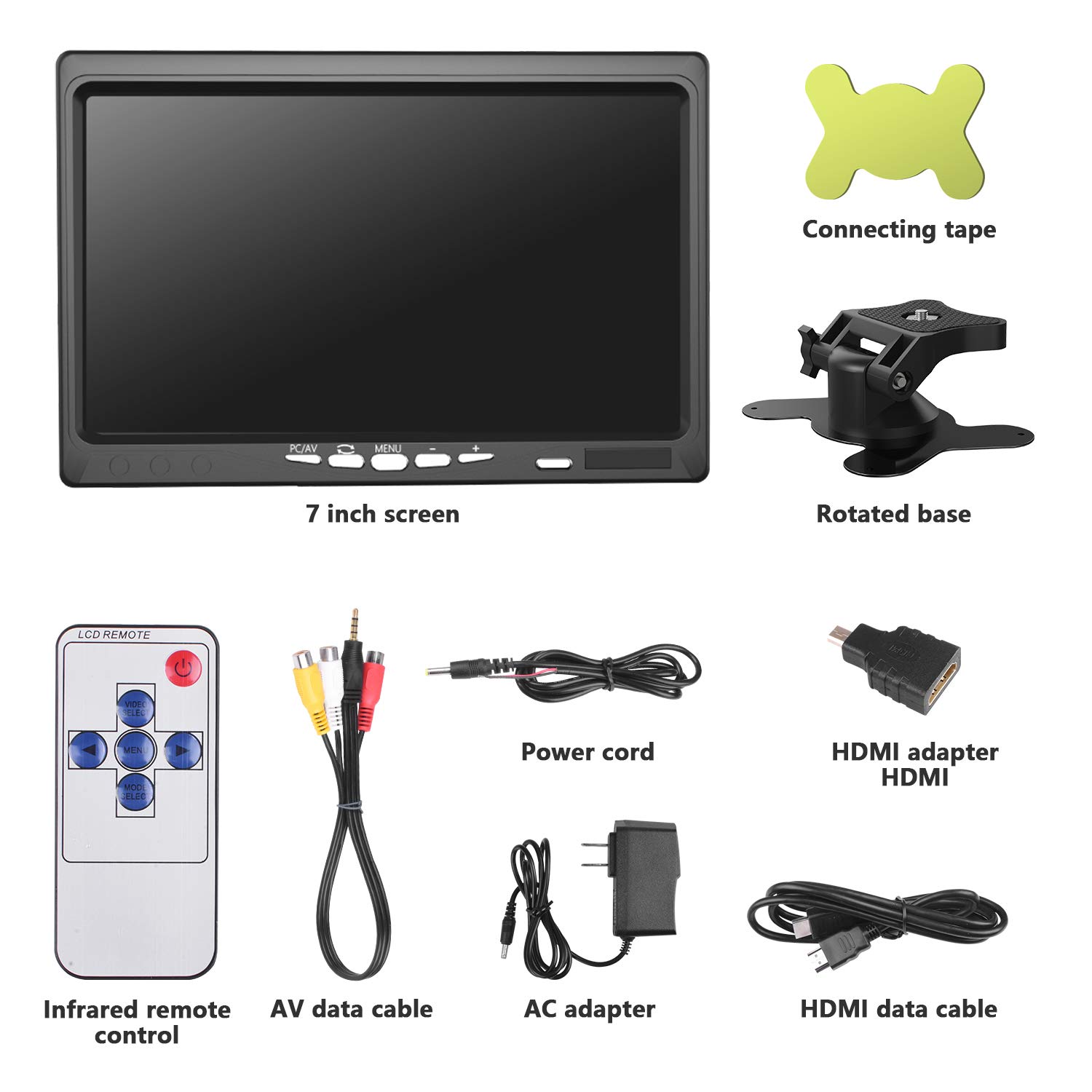 kuman 7 Inch Monitor HD Display 1024x600 IPS Screen for Raspberry Pi 4 B 3 2B B 1 B+ A+ with HDMI VGA Input, Built in Speaker for DVD VCR Car Remote SC7J, Black (SC7J-US)