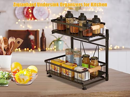 Under Sink Organizers and Storage, Ziqianhard 2 Tire Slipping Drawer Organizer for Bathroom, Pull-out Cabinet Organizer for Kitchen