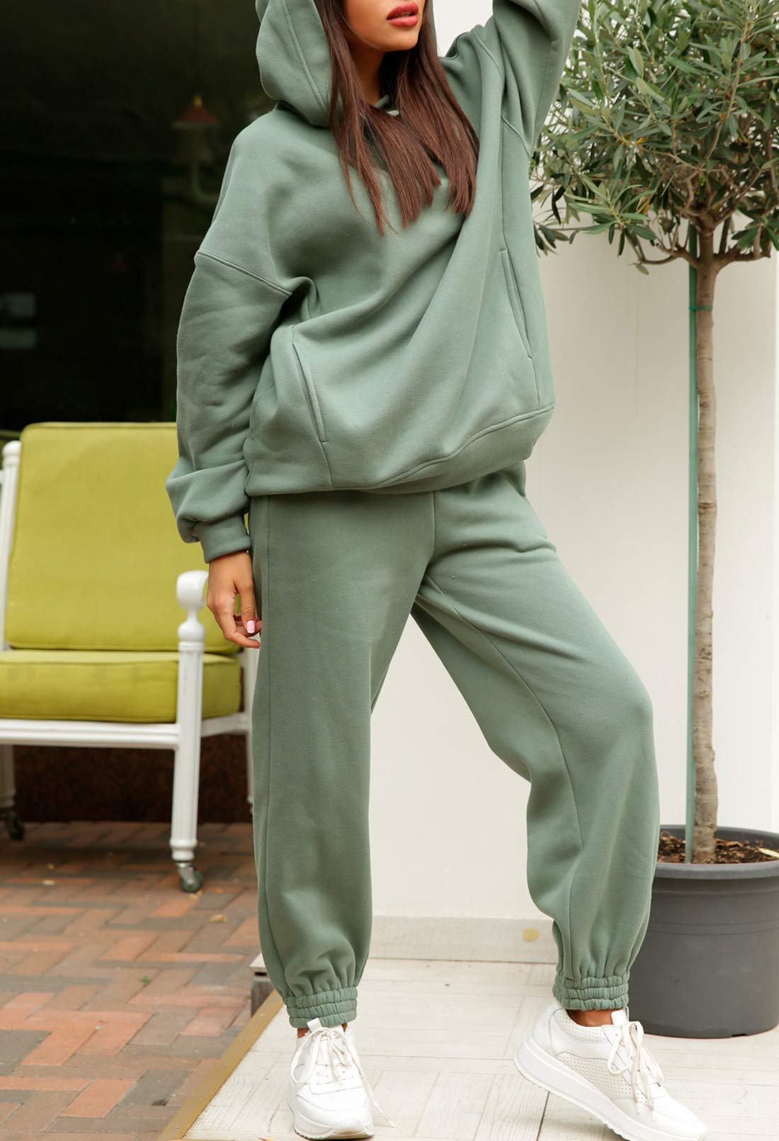 Linsery Sport Hoodie with Jogger Sweatpants Tracksuit Hooded 2 Piece Workout Set Sweatshirt Matching Jogging Suit Green XL