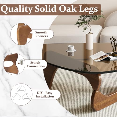Triangle Glass Coffee Table-Mid-Century Modern End Table Solid Wood Base and Vintage Tempered Transparent Glass Top Coffee Tables Living Room Balcony (Walnut/Brown, Small 32.2 * 22.4 * 16in)