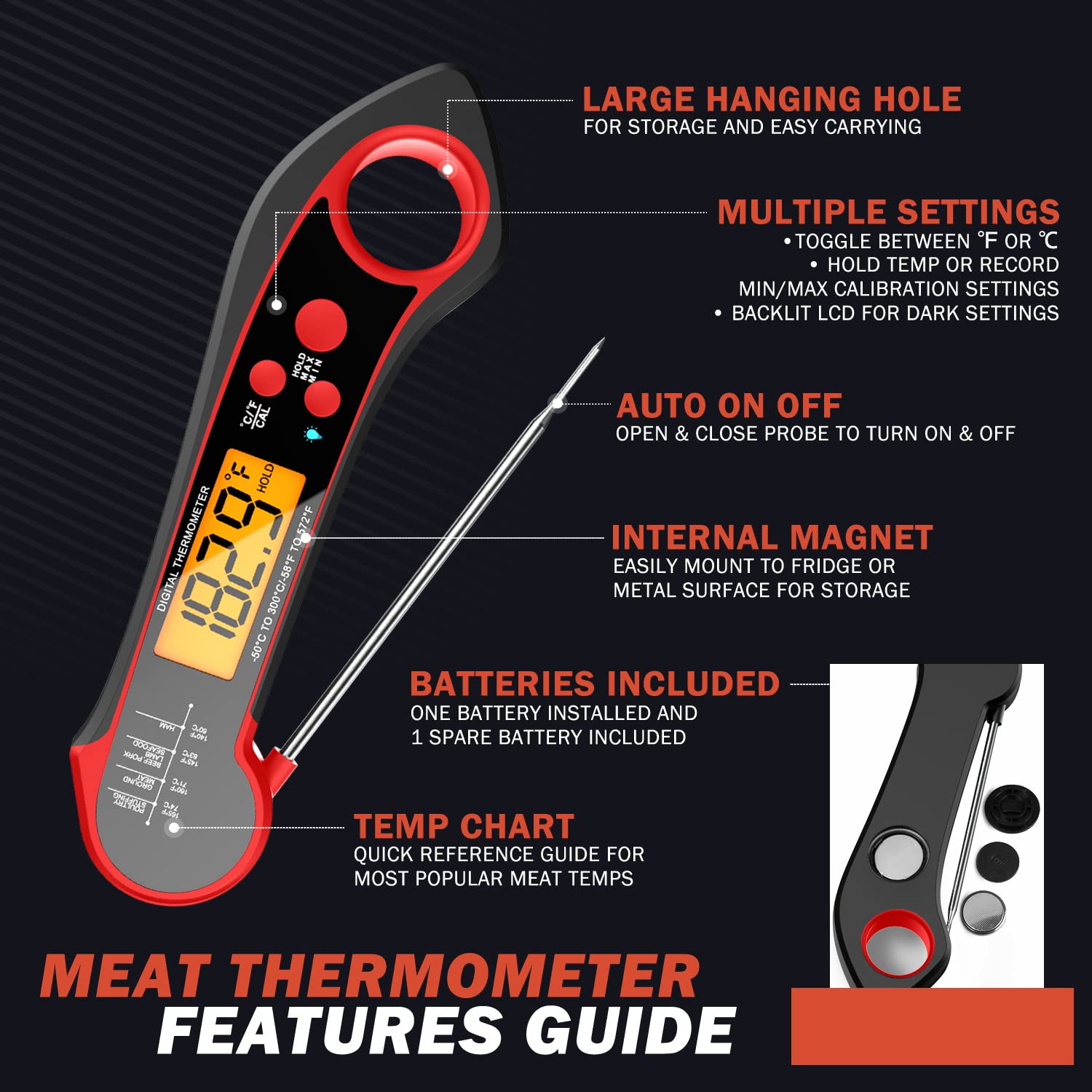 Meat Thermometer Digital for Cooking and Grilling, Biison Instant Read Meat Thermometer Wireless, Waterproof, Backlight, Magnet, Food Thermometer for BBQ Grill, Kitchen Fry, Beef, Turkey