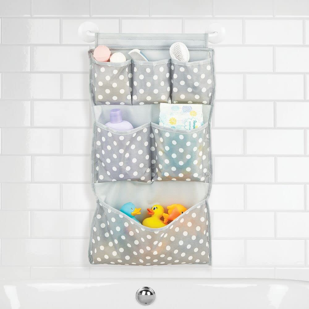 mDesign Soft Fabric Wall Mount/Over Door Hanging Storage Organizer - Self-Adhesive Tape - 6 Pockets for Child/Kids Room or Nursery - Polka Dot Print - Gray/White