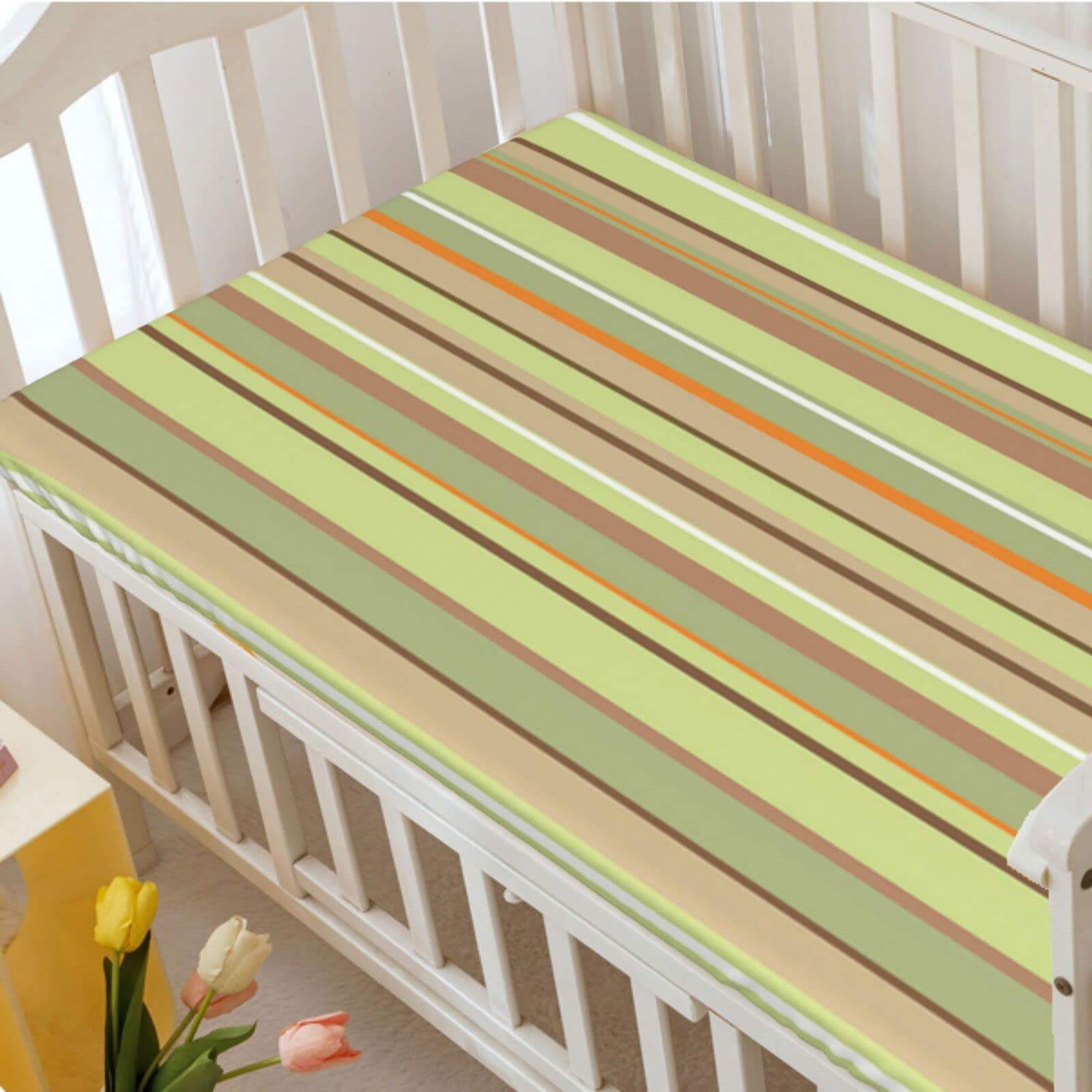 Striped Themed Fitted Mini Crib Sheets,Portable Mini Crib Sheets Soft and Breathable Bed Sheets-Baby Crib Sheets for Girl or Boy,24β x38β,Pistachio Green Tan Orange