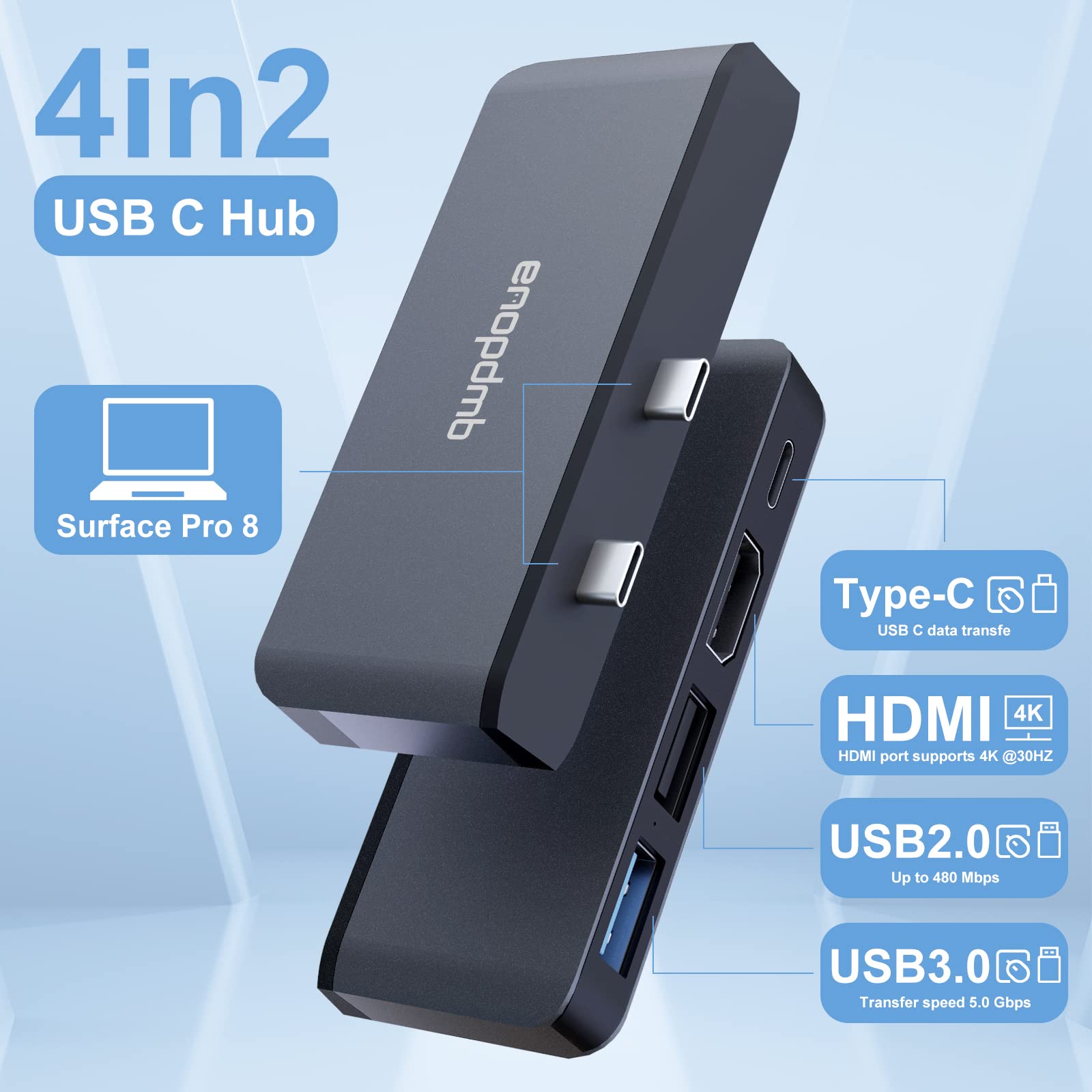 Surface Pro 8 Docking Station with 4K HDMI Adapter/USB C(Data)/USB 3.0 Port/USB 2.0 Port for Microsoft Surface Pro 8 Accessories