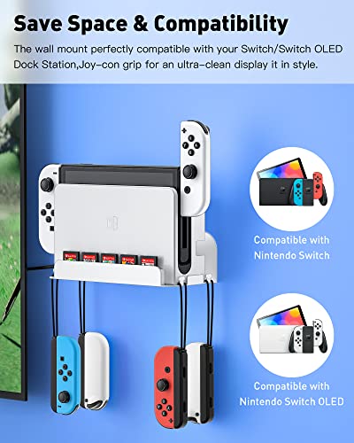 ZAONOOL Wall Mount for Nintendo Switch and Switch OLED, Metal Wall Mount Kit Shelf Stand Accessories with 5 Game Card Holders and 4 Joy Con Hanger, Safely Store Switch Console Near or Behind TV, White