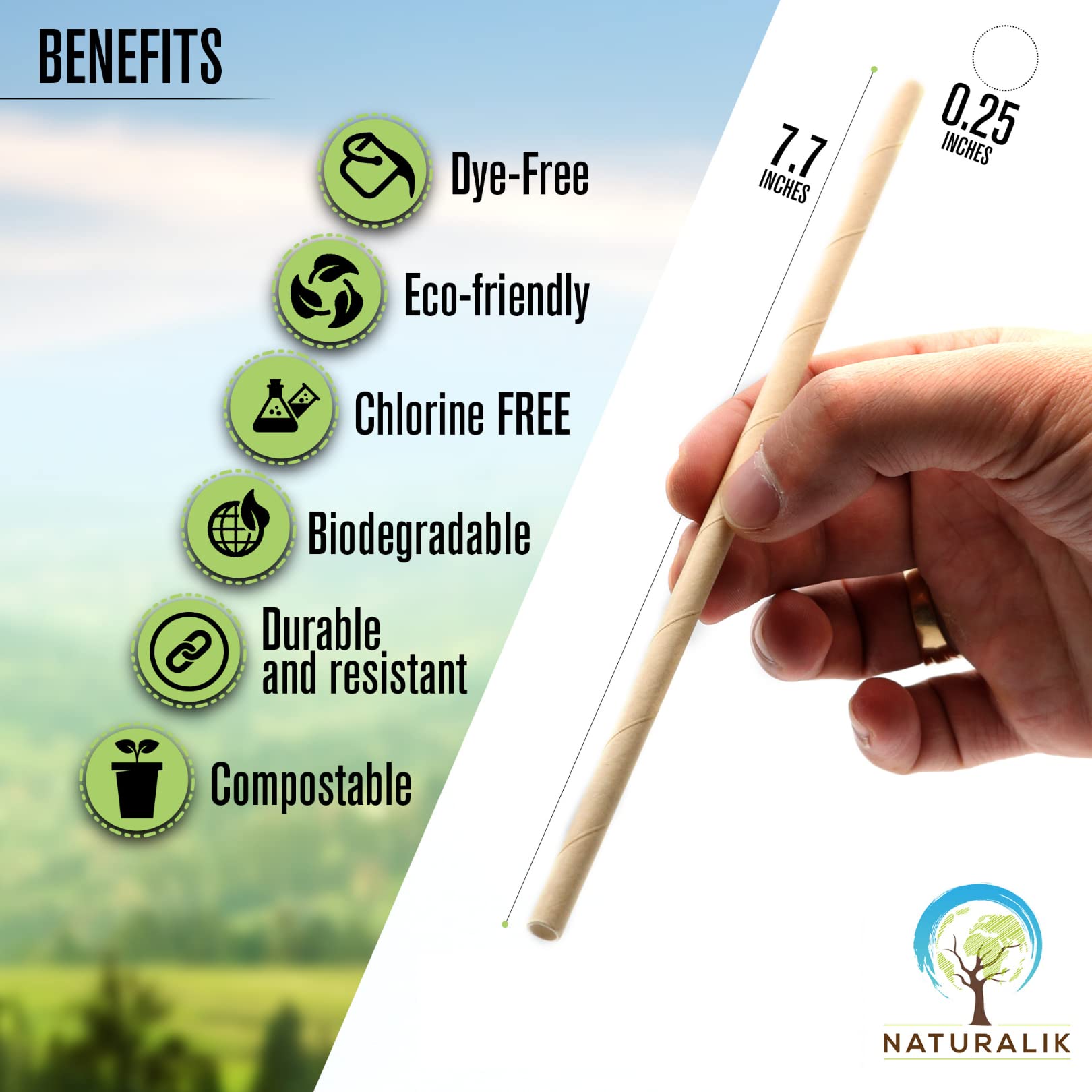 Naturalik 1000-Pack Sturdy Biodegradable Paper Straws Heavy-Duty, Dye-Free, Eco-Friendly Sturdy Paper Straws Bulk Drinking Straws for Smoothies, Restaurants and Party Decorations 7.7" (Brown, 1000pc)