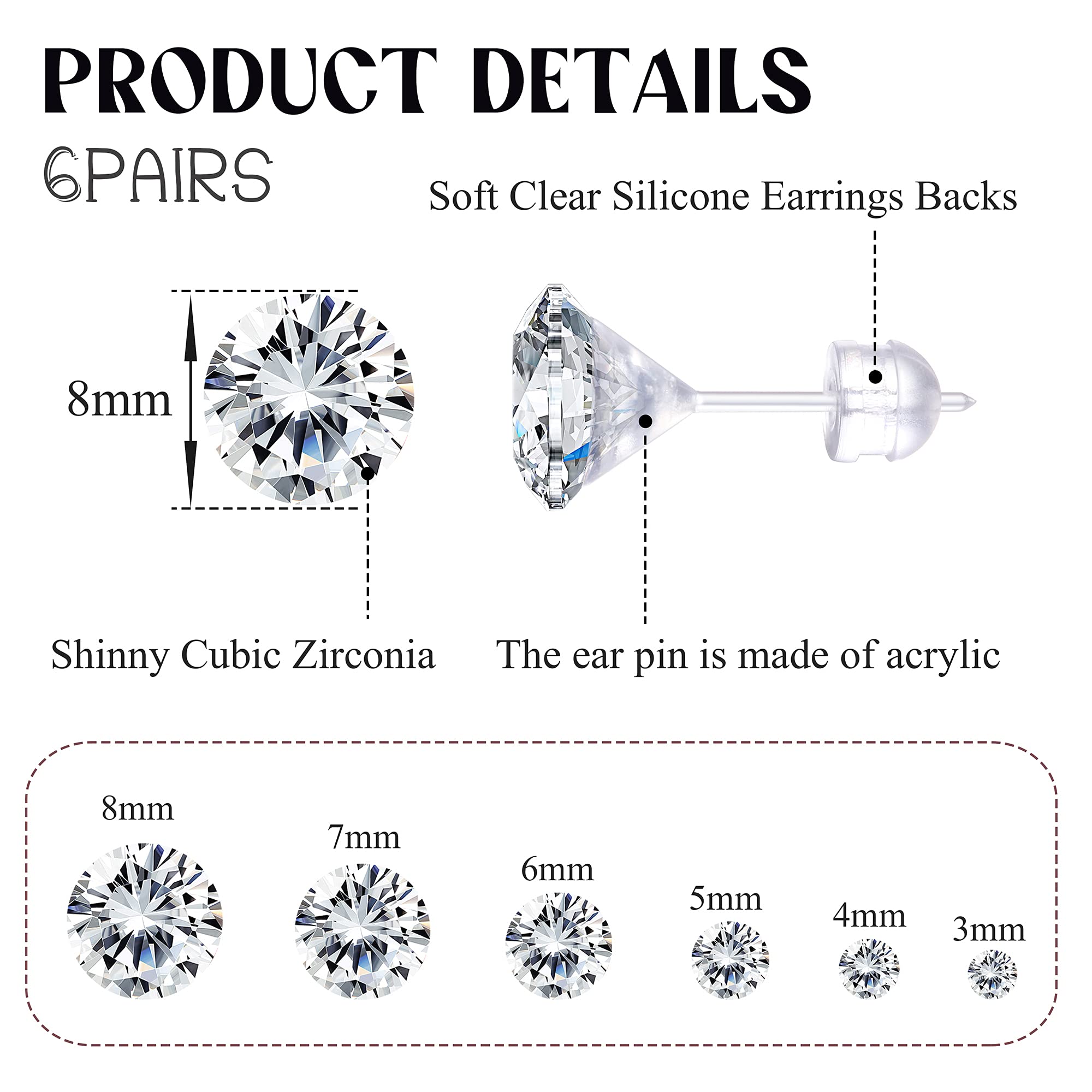 Jstyle 6Pairs Clear Plastic Post Stud Earrings for Women Plastic Earrings for Sensitive Ears Cubic Zirconia Stud Earrings Set 3mm-8mm