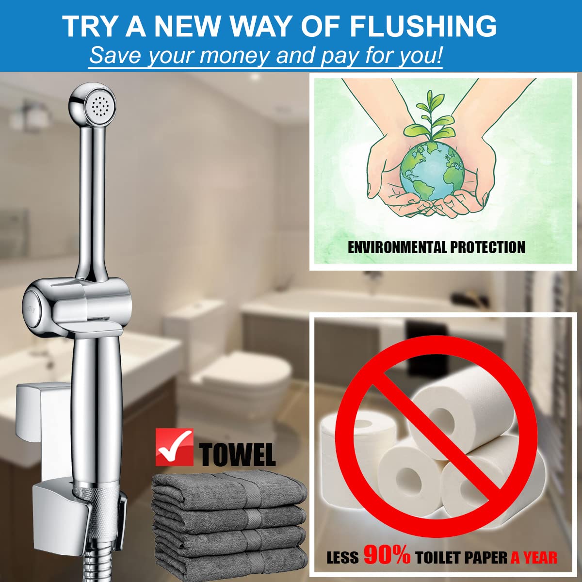 SonTiy Handheld Bidet Sprayer for Toilet, Brass Hand Held Bidet Attachment Jet Spray for Toilet with Backflow Preventer, Adjustable Water Pressure Control Cloth Diaper Sprayer, All Metal Bidet Shower