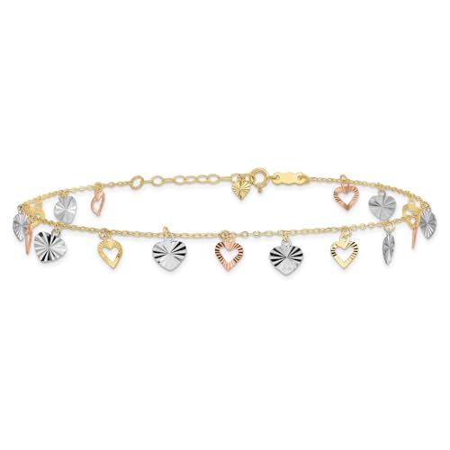 IceCarats 14K Tri Color Gold Heart Love 9 inch Anklet Summer Beach Foot Ankle Bracelet