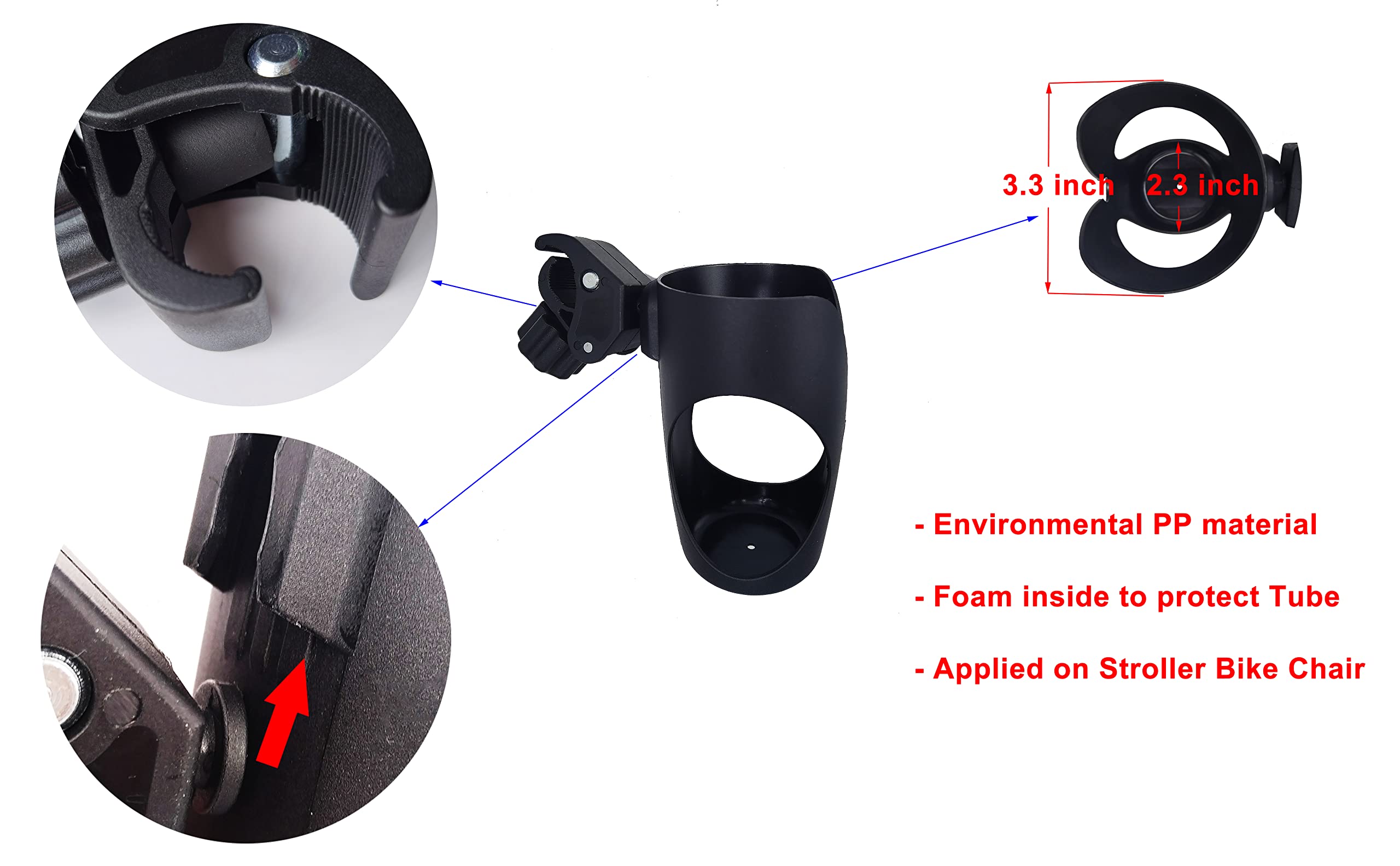 Stroller Cup Bottle Mug Holder Universal Holder for Stroller,Bike,Wheelchair,Walker,Scooter,Black Rotatable and Adjustable Clamp(DJ-902-L9W9H14)