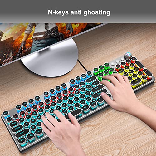 ZDawnn Typewriter Style Mechanical Gaming Keyboard.LED Rainbow Backlit,104 Keys,Retro Punk Round Keycaps with Brown Switch,Wired with USB-A,for PC/Mac/Laptop