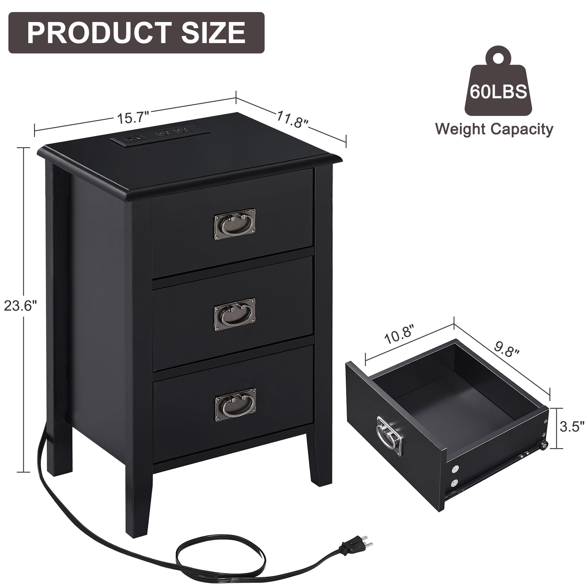 VECELO Nightstand Set of 2 with Storage Drawer and Open Shelf, Vintage Solid Wood Bedside End Tables for Bedroom, Living Room, Small Space, Two Drawers, Brunette Brown