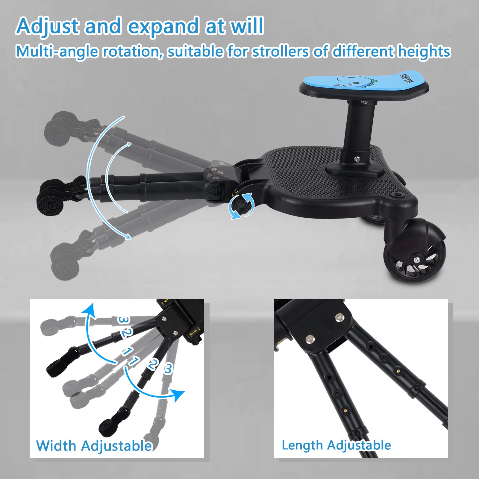 SURPCOS Universal Stroller Board 2-in-1 Buggy Board with Detachable Seat Standing Board, Rider Stroller Glider Board Suitable for Most Brands of Strollers, Holds Children Up to 55lbs Blue
