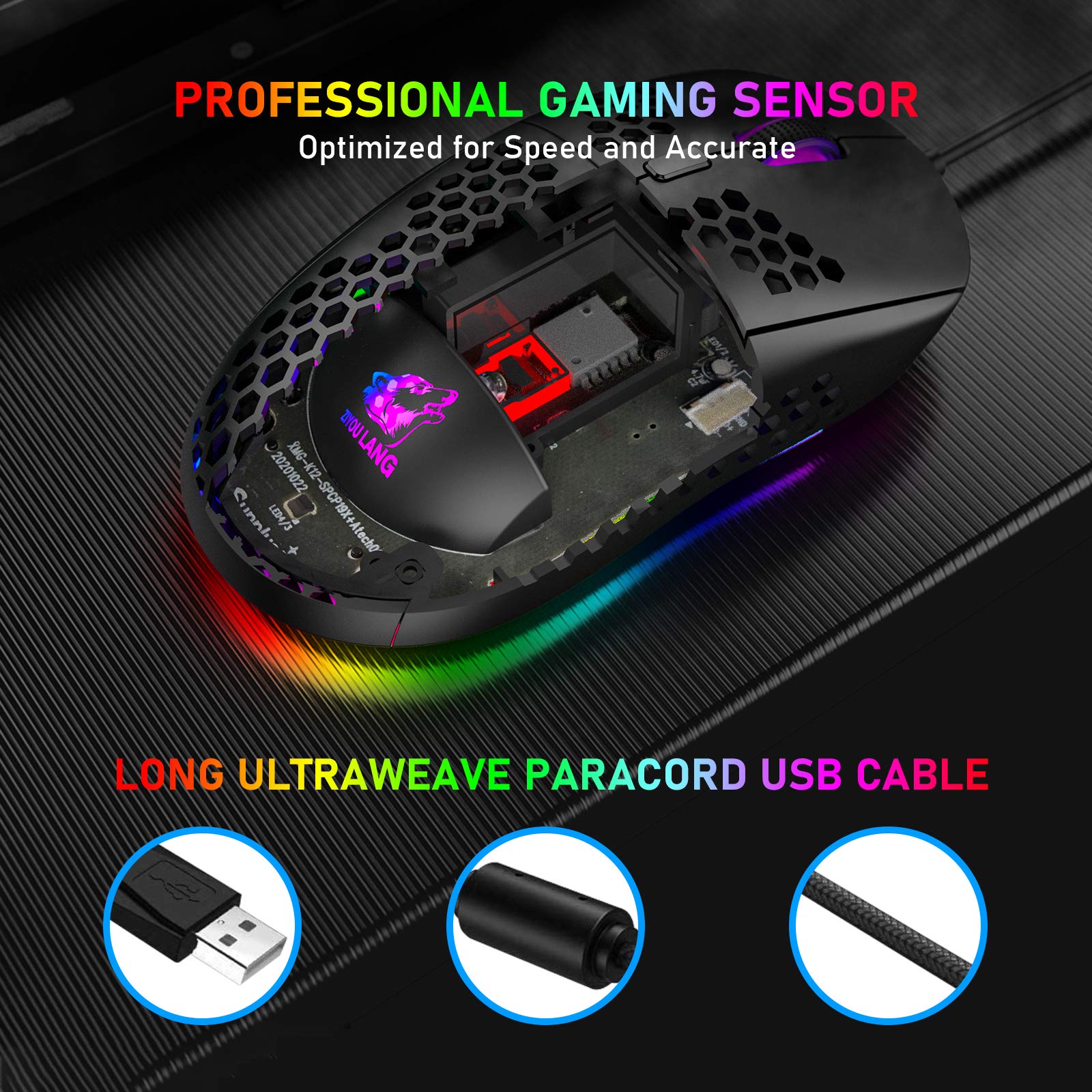 Lightweight Gaming Mouse with Ergonomic Honeycomb Shell 6 RGB Backlight Mode 7 Button Programmable Driver Adjustable 6400 DPI Optical Sensor Wired Ultraweave USB Cable for PC MAC Computer Gamer(Blue)