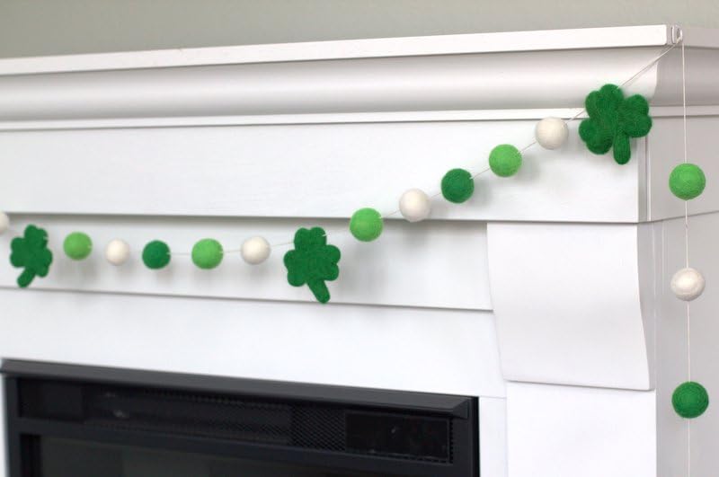 Shamrock St. Patrick's Day Felt Ball Garland- Green, White- 1" (2.5 cm) Wool Felt Balls