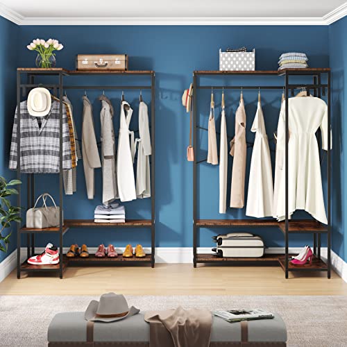 Tribesigns L Shaped Garment Rack, Heavy Duty Wardbrobe Rack, Heavy Duty Wood Clothing Rack with Double Rods Clothes Rack with Storage Shelves and Side Hooks for Hats