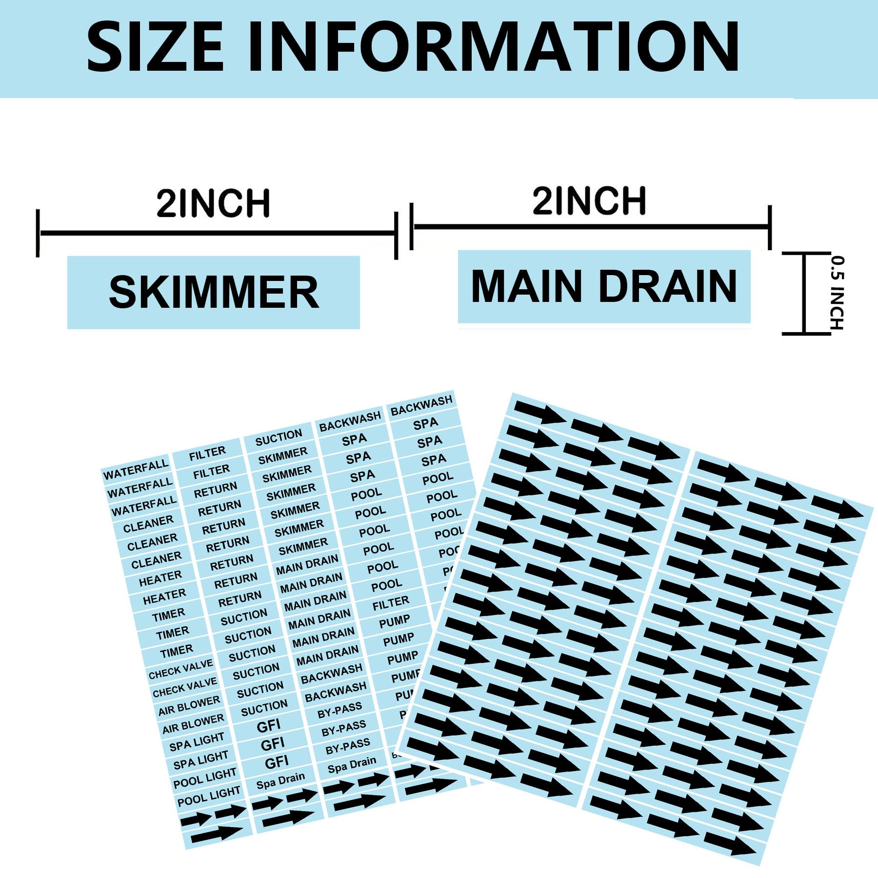 Pool Equipment Identification Labels Waterproof PVC Sticker Labels for Swimming Pool, Spa Equipment, Plumbing, & Piping Parts 1/2 x 2 Inch 125 Pcs Adhesive Labels (Swimming Pool, Blue)