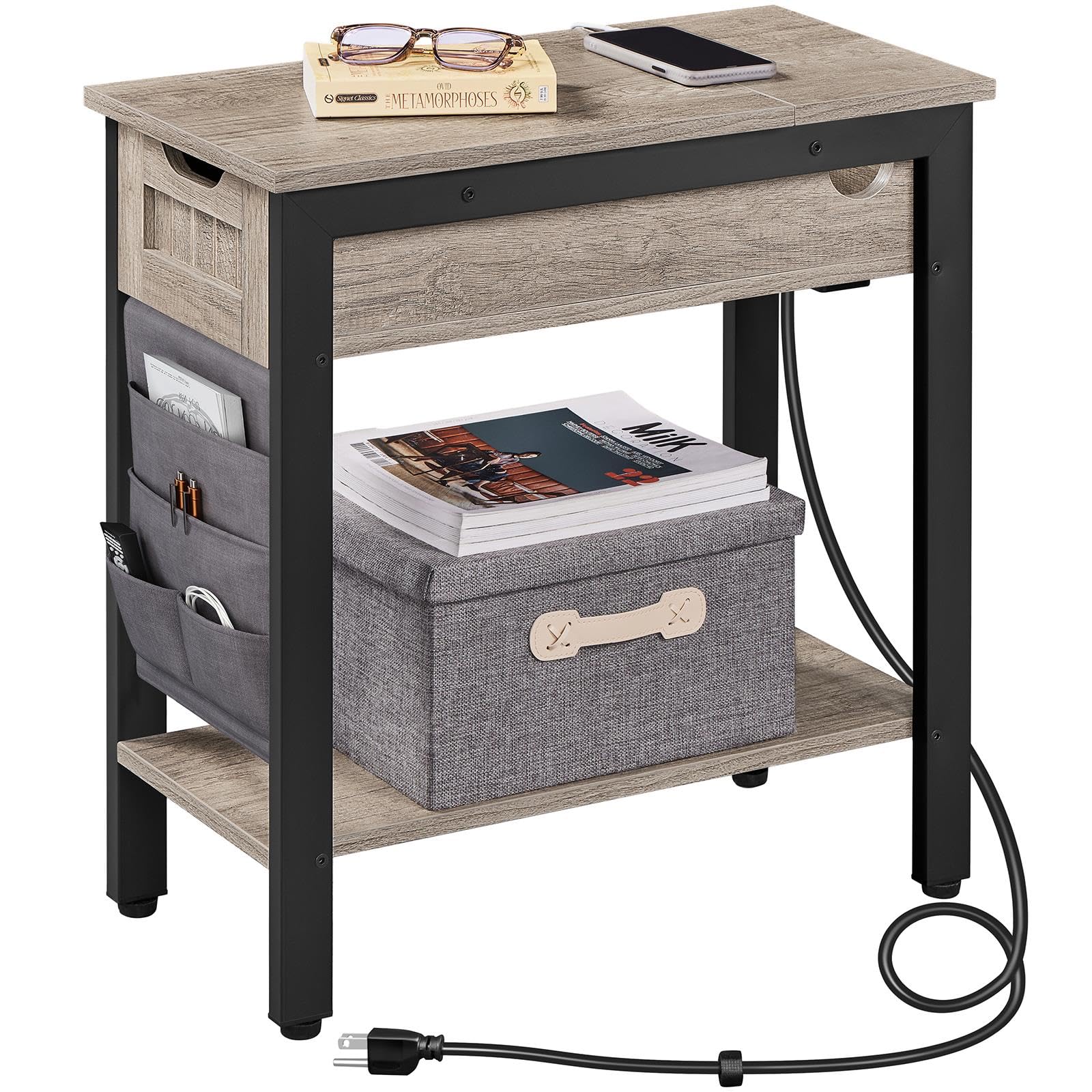 Yaheetech Narrow End Table with Charging Station, Flip Top Side Table with Drawer & Shelf & Removable Fabric Bag, Wood Nightstand Bedside Table with USB for Living Room/Bedroom/Small Space, Gray