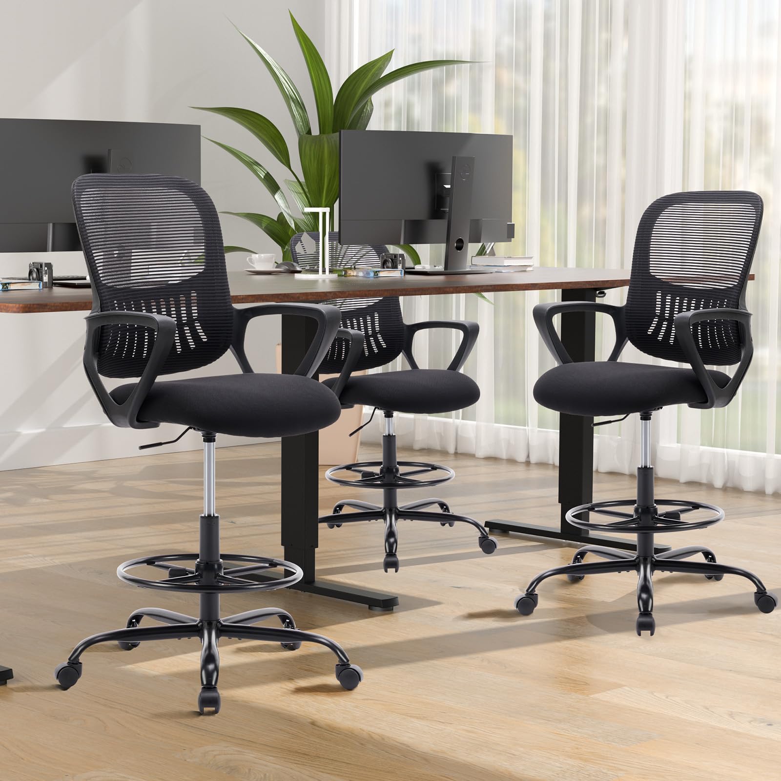 MCQ Drafting Chair with Fixed Armrests and Foot-Ring, Tall Office Chair for Standing Desk Adjustable Height Office Desk Chair for Home Office, Breathable Mesh Swivel Rolling Tall Chair Black
