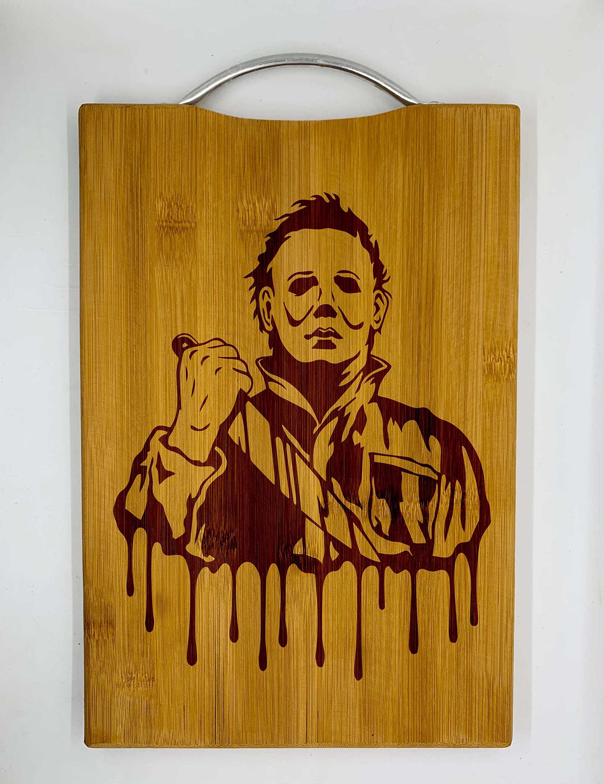 Pop Culture Engraved Cutting Boards - Custom Chopping Block with Metal Handle for Kitchen - Bamboo Wood with Laser-Engraved Design - Wedding, Anniversary - 12"x9"x0.67" (Michael Horror Myers)