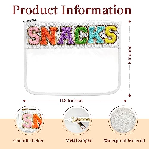 TOSOUATOP Makeup Bag With Glitter Chenille Letter, Clear Snack Letter Bag, Beach Bag, 【High-Capacity】, 【Woven Design】, 【Waterproof Material】, Travel Makeup Bag for Women/Girls,White-SNACKS