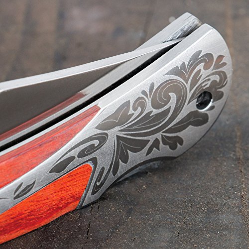 TIMBER WOLF Gentleman’s Lockback Pocket Knife – Razor-Sharp Stainless Steel Blade, Custom Handle with Wooden Inlays, Scroll Design Bolsters – A Practical and Handsome EDC - 7 1/2" Overall