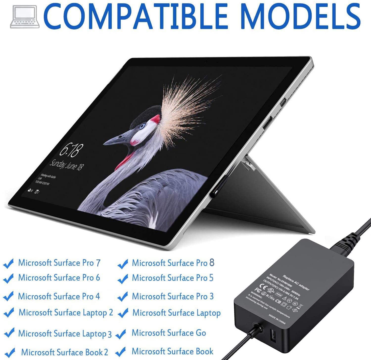 Surface Laptop Charger Surface Pro Charger 65W 15V 4A Power Supply Compatible Microsoft Surface Pro X/9/8/7/6/5/4/3 Surface Laptop1/2/3/4 Surface Go1/2/3 Surface Book 1/2/3 with USB Charging Port