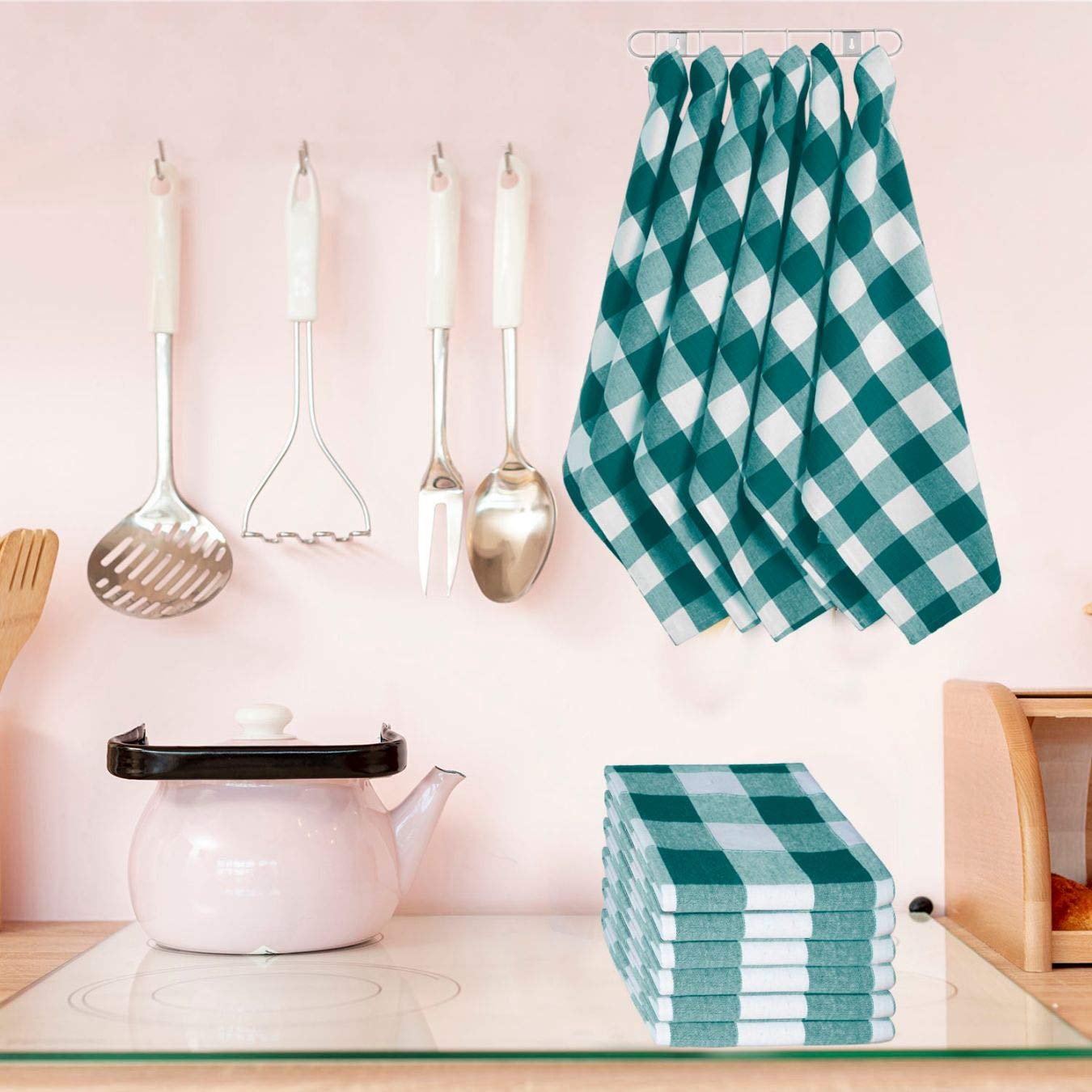 Native Fab 6-Pack Kitchen Towel with Hanging Loop 16x26 inches, Cotton Buffalo Check Kitchen Towels for Cleaning Drying, Washcloths Soft & Absorbent Cloth Rags, Bar Towel, Dish Cloth, Teal Green