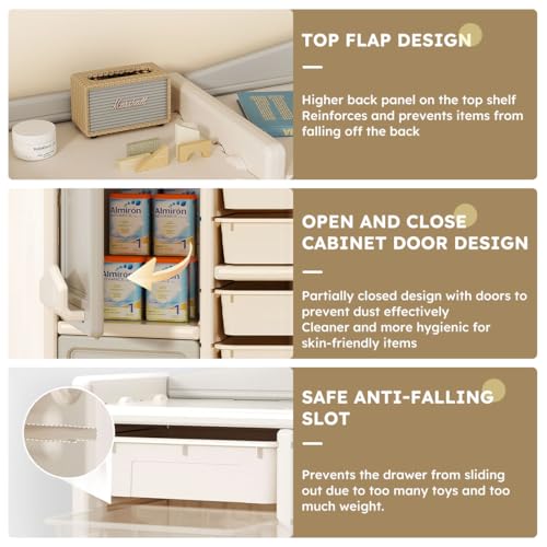 Wohh Kids Toy Organizer, Multi-Functional Bookshelf and Toy Box, Closed Cabinet and Pull-Out Drawer for Playroom, Children's Bedroom and Nursery (7 Bins + 2 Cabinets)