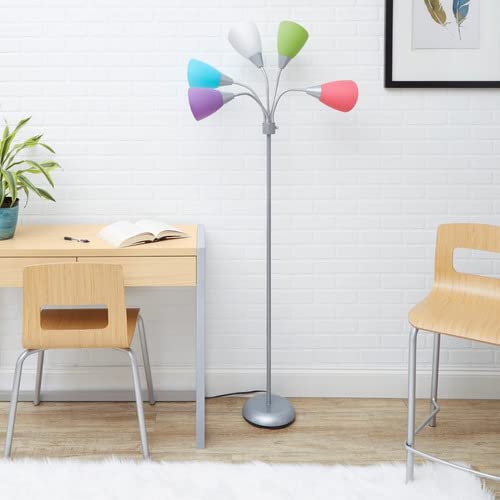 Medusa Multi Head Standing Lamp Bedroom Light with 5 Adjustable Multi-Colored Acrylic Reading Shades - 5 Light Floor Lamp Adjustable Lamp (Silver)