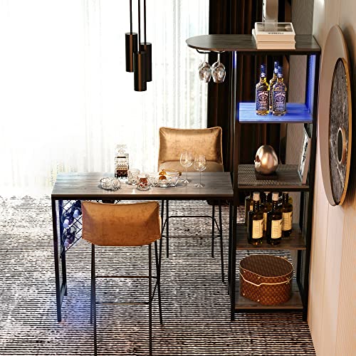 QNICE LED Lights Bar Table with Shelves/Modern Kitchen Counter Height Dining Table/Lounge or Dining Room Storage Pub Table/Dark Rustic Oak/Easy Assembly