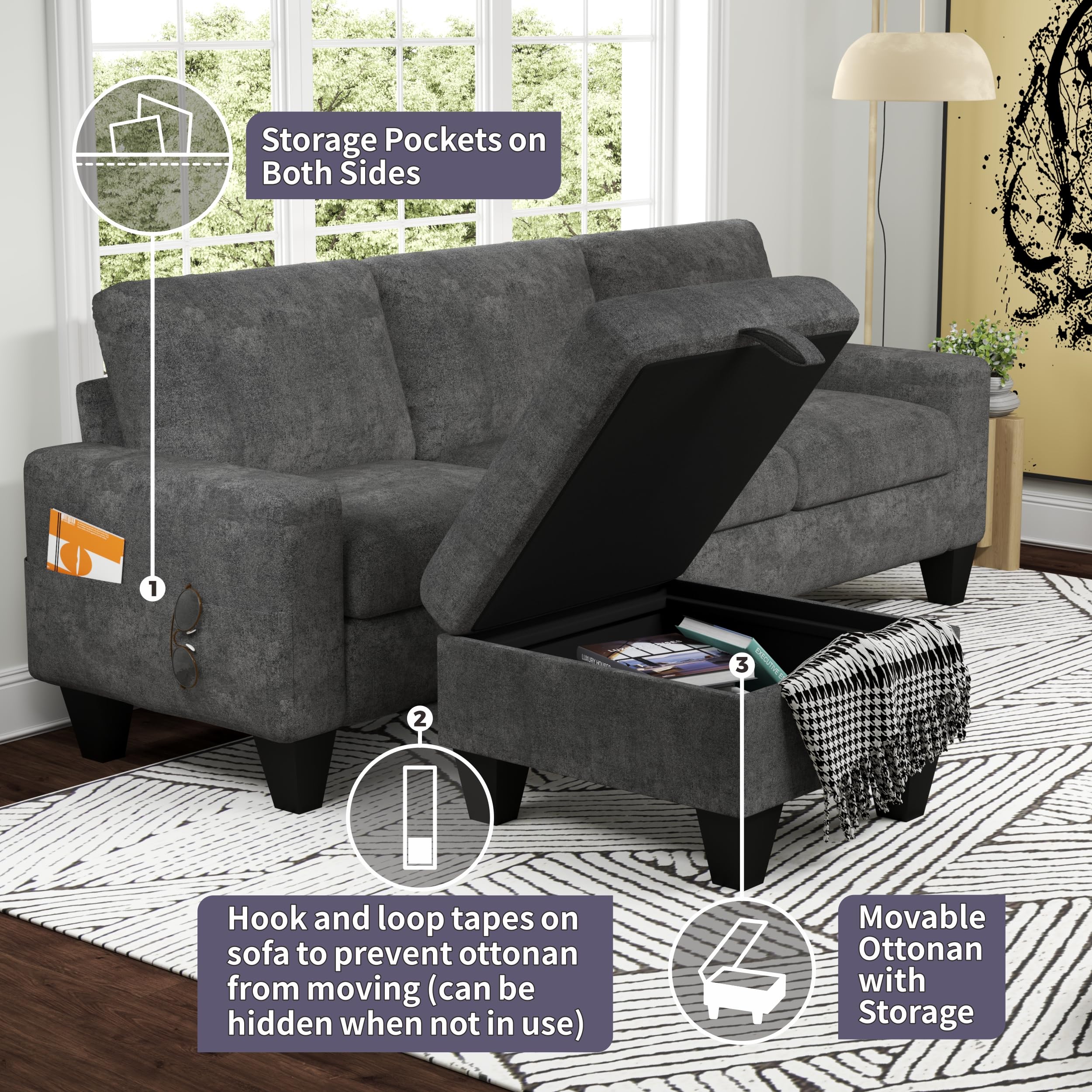 Yattem Convertible Sectional Sofa Couch:Modern Snowflake Velvet L-Shaped Sofa Couch with Reversible Storage Ottoman&Storage Pockets - 3 Seat Sofa Couch for Living Room/Apartment/Studio/Small Space