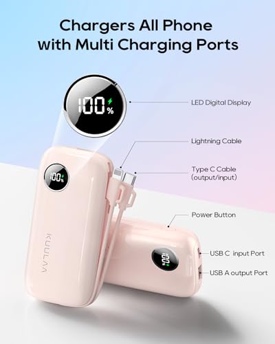 Kuulaa Portable Charger with Built in Cables 10000mAh USB C Power Bank Fast Charging LCD Display Battery Pack Charger Portable 3 Outputs for iPhone Pixel Samsung Android, Pink