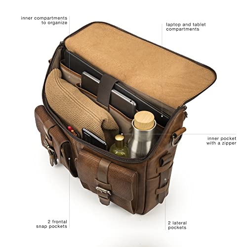 VELEZ Top Grain Leather Backpack for Men Brown Designer Bookbag Business Casual Shoulder Bag + Mens Messenger Laptop Bag travel Briefcase Computer Bags