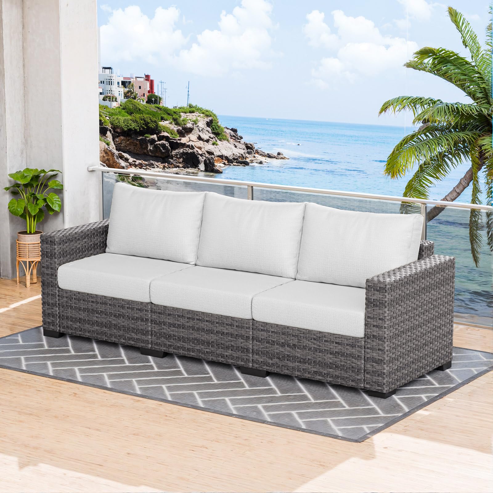 WELYAS Wicker Patio Sofa with Gray Cushions, Gray Rattan Outdoor Furniture for Porch Yard Deck Pool