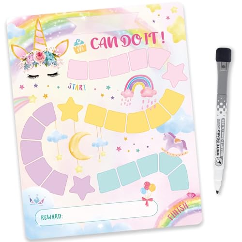 Unicorn Reward Chart - Magnetic Chore Chart for Kids Girls Incentive Behavior Chart with 1 Marker Reusable Dry Erase Responsibility Charts for Fridge Home School Supplies Potty Training