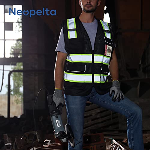 Neopelta Reflective Safety Vest Black Mesh, High Visibility Vest with Pockets and Zipper, Padded Neck, Black with Yellow Trim 2X