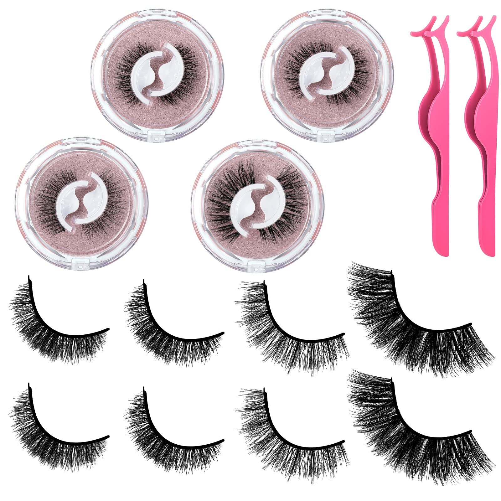Reusable Self Adhesive Eyelashes No Glue or Eyeliner Needed Easy to Put On, Stable Non Slip Waterproof False Lashes with 2 Eyelash Tweezers Thoughtful Gift for Women Makeup, 4 Pairs (Elegant Style)