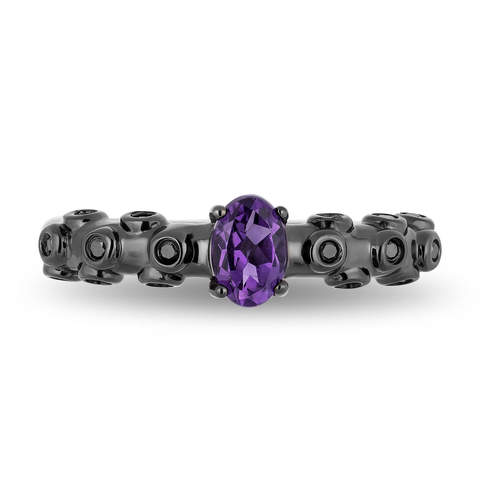 Jewelili Enchanted Disney Fine Jewelry Sterling Silver with Black Rhodium 1/10 Cttw Diamond and Amethyst Ursula Ring Size 8